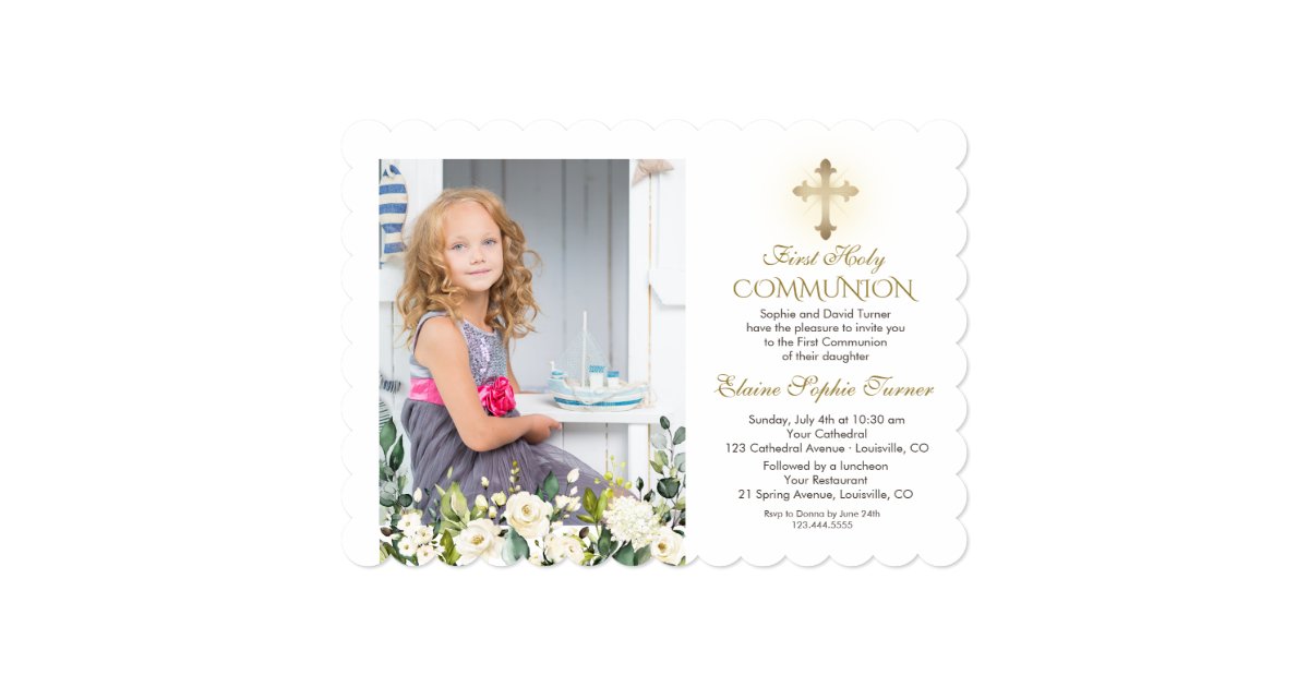 White Floral Gold Cross Photo Holy Communion Invitation | Zazzle.com