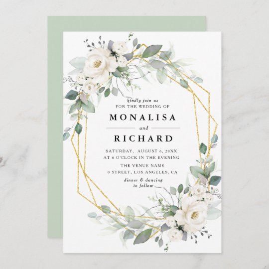 White floral gold frame wedding invitation | Zazzle.com