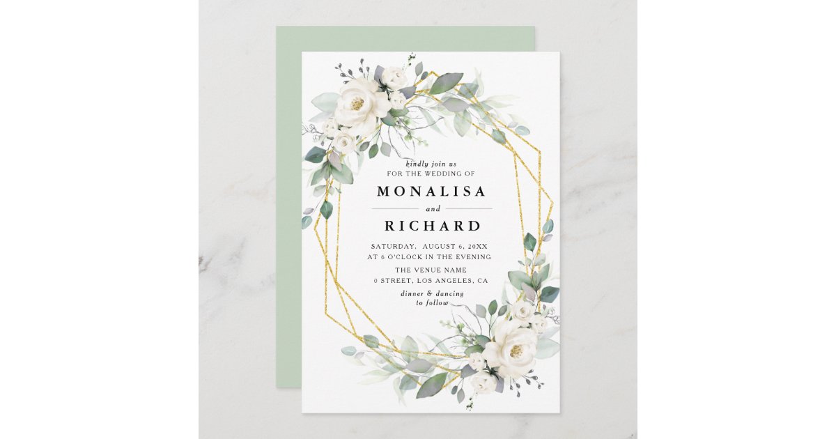 White floral gold frame wedding invitation | Zazzle