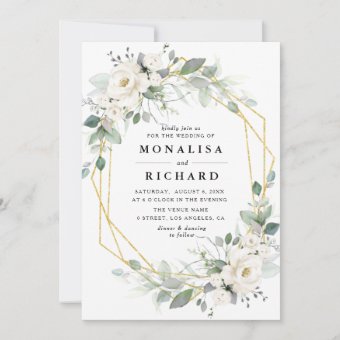 White floral gold frame wedding invitation | Zazzle