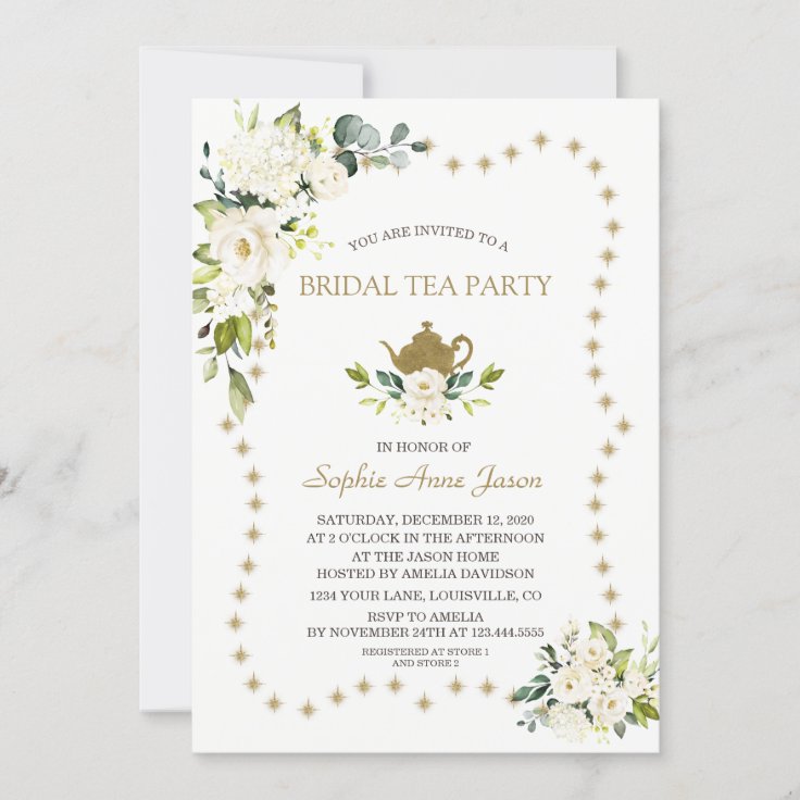 White Floral Gold Glitter Bridal Shower Tea Party Invitation Zazzle