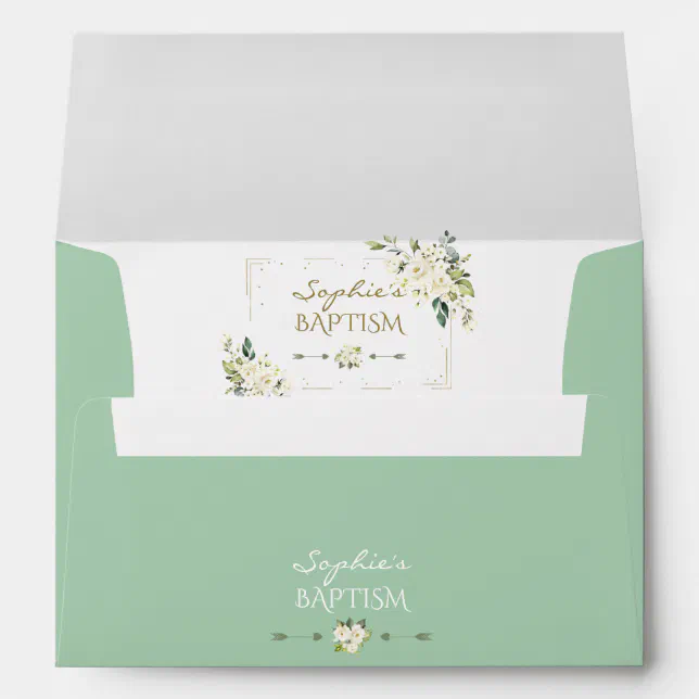 White Floral Gold Glitter Frame Girl Baptism Envelope | Zazzle