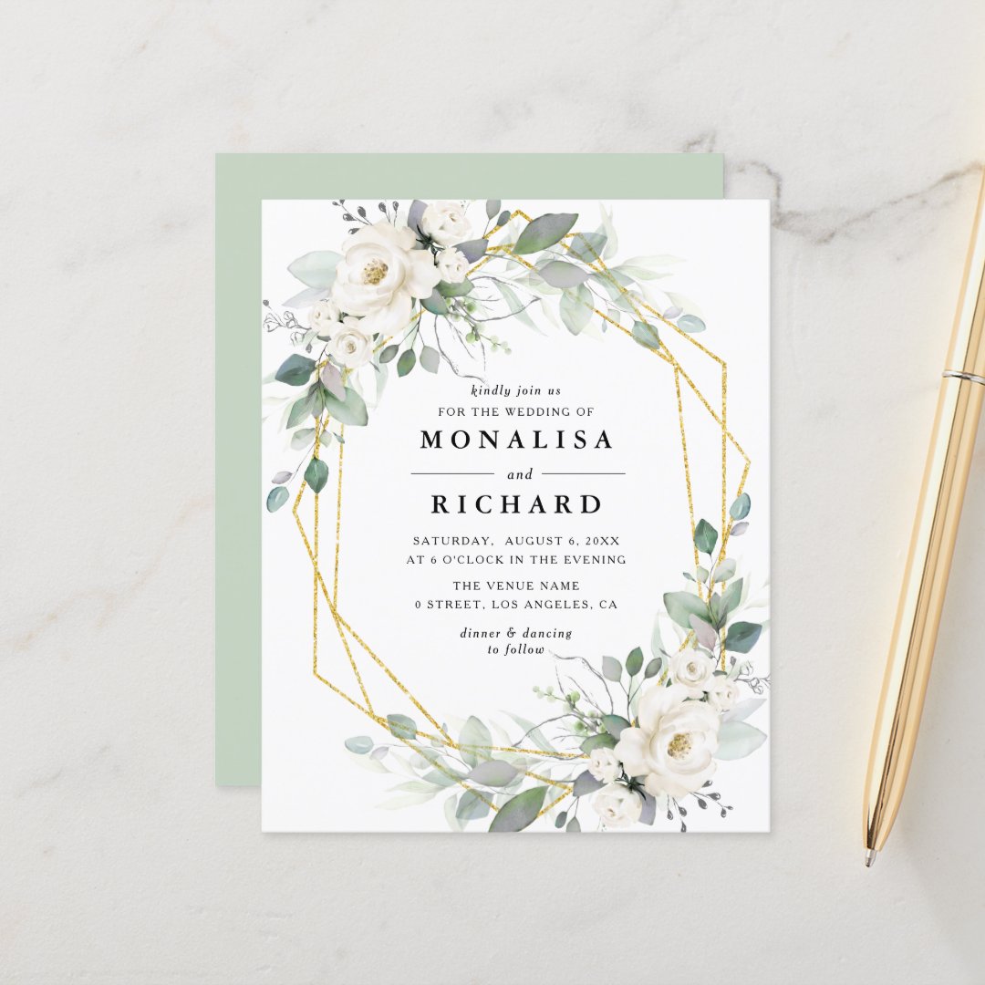 White floral golden frame wedding invitation | Zazzle