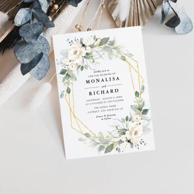 White floral golden frame wedding invitation | Zazzle