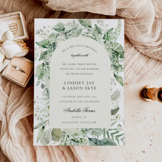 White Floral Greenery Foliage Boho Arch Wedding Invitation | Zazzle