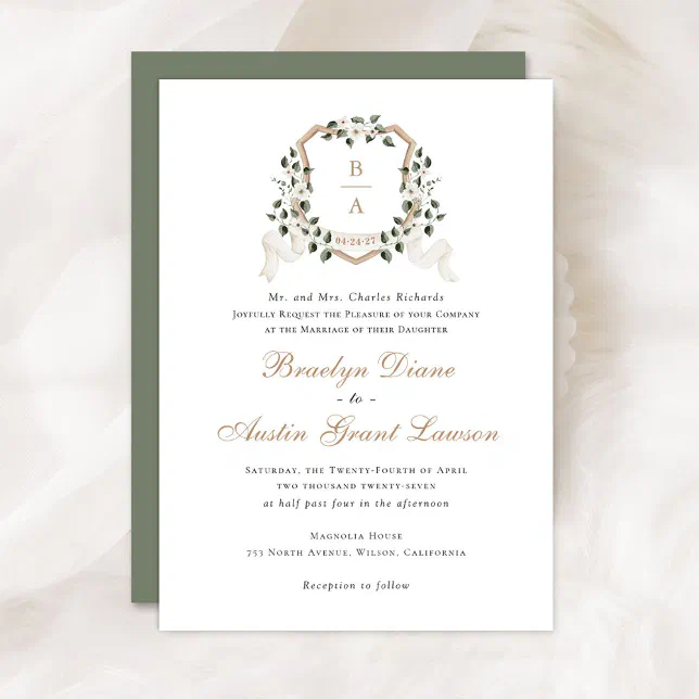 White Floral Greenery Ivy Monogram Crest Wedding Invitation | Zazzle