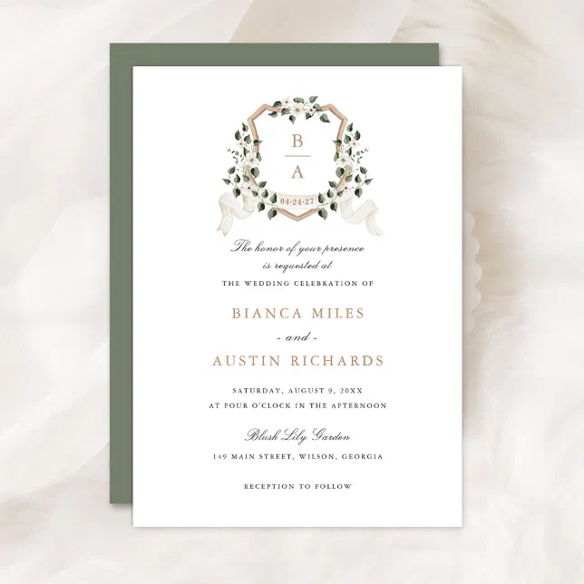 White Floral Greenery Ivy Monogram Crest Wedding Invitation | Zazzle