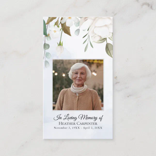 White Floral Greenery Laminated Photo Funeral Card | Zazzle