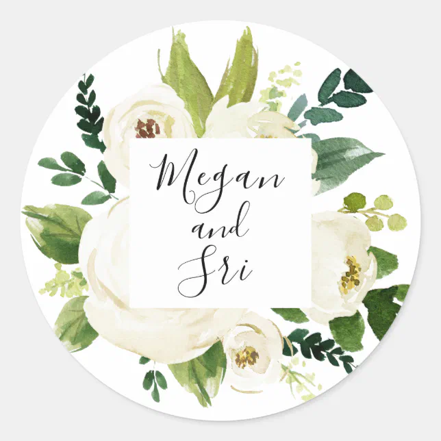 White Floral Greenery Modern Calligraphy Classic Round Sticker | Zazzle