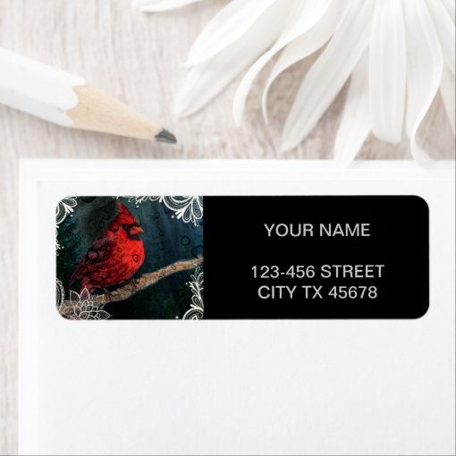 White floral lace Primitive Christmas Red Cardinal Label | Zazzle