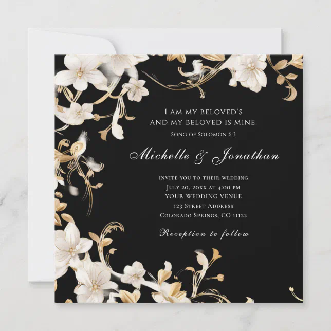 White Floral on Black Christian Bible Wedding Invitation | Zazzle