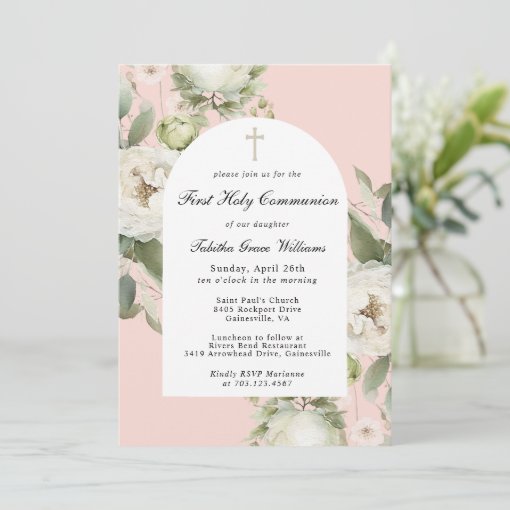 White Floral on Pink First Holy Communion Invitation | Zazzle