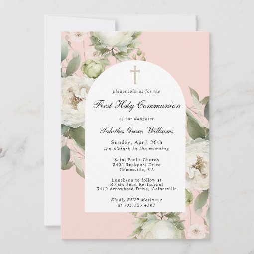 White Floral on Pink First Holy Communion Invitation | Zazzle