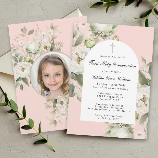 White Floral on Pink First Holy Communion Invitation | Zazzle