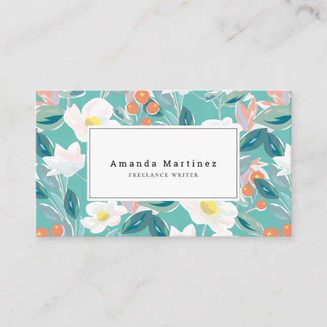 White Floral Pattern Light Teal Business Card | Zazzle