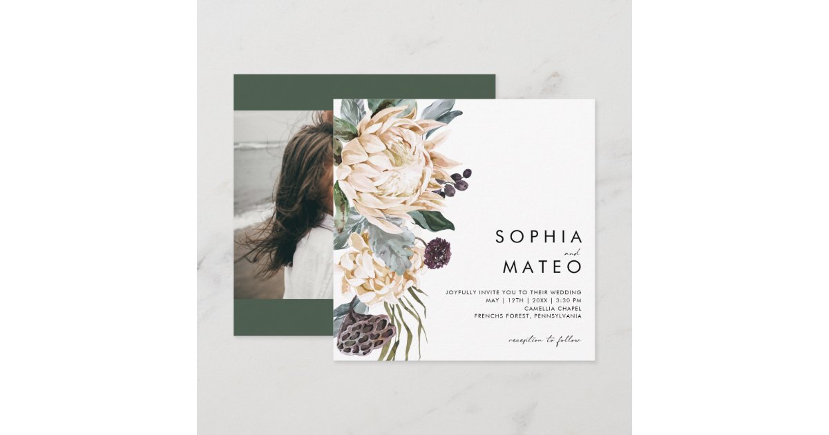 White Floral Photo Square Wedding Invitation | Zazzle