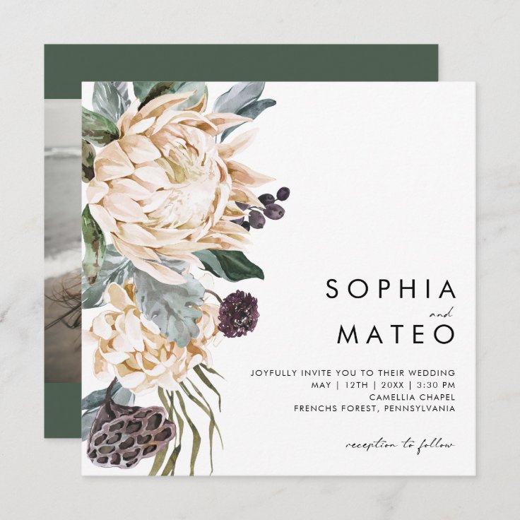 White Floral Photo Square Wedding Invitation | Zazzle