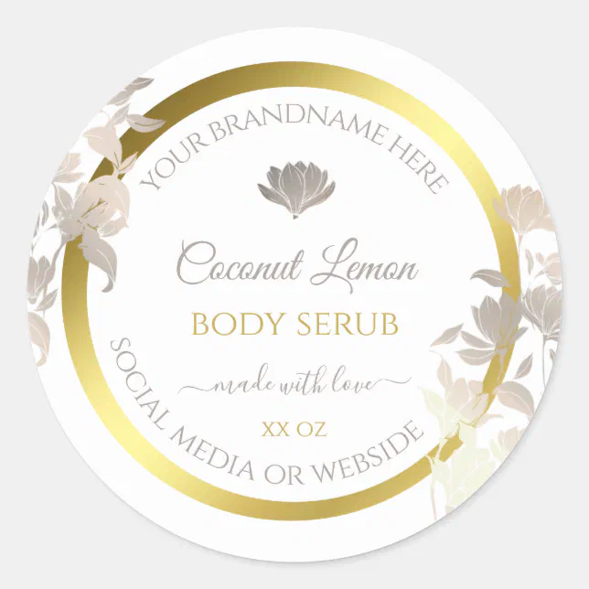 White Floral Product Packaging Labels Gold Frame | Zazzle