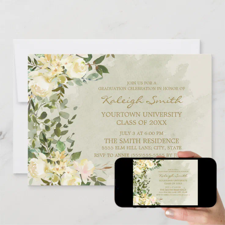 White Floral Sage Green Leaves Graduation Party Invitation | Zazzle