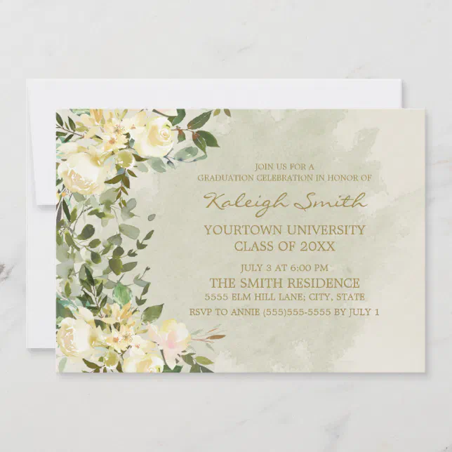 White Floral Sage Green Leaves Graduation Party Invitation | Zazzle