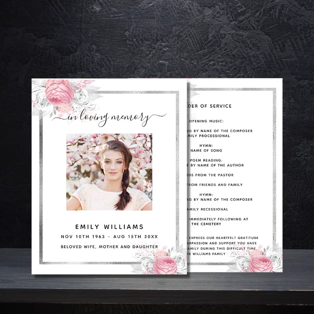 White floral silver pink photo funeral program | Zazzle