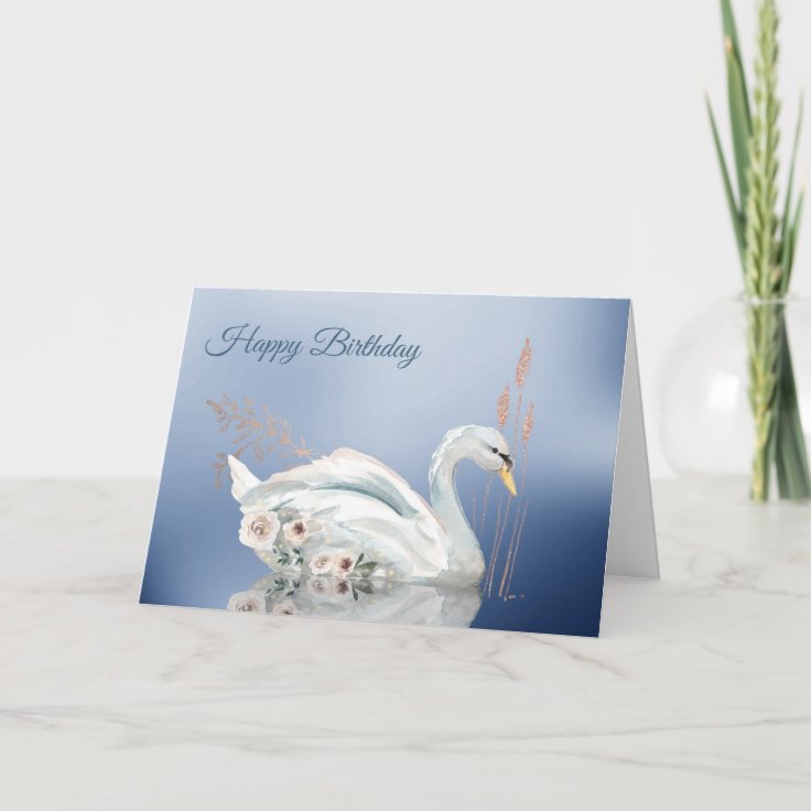 White Floral Swan Happy Birthday Card | Zazzle