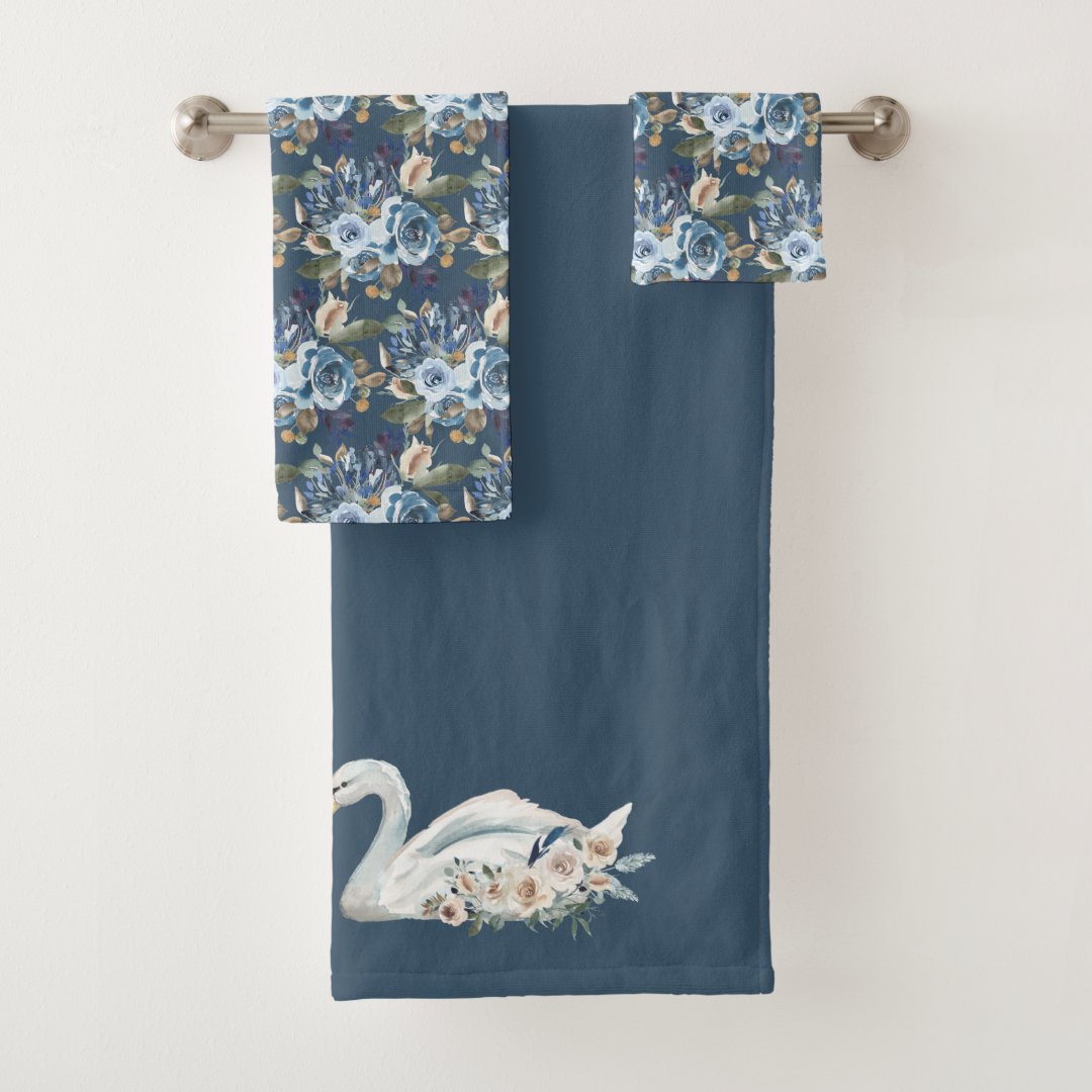 White Floral Swan on Blue Bath Towel Set | Zazzle