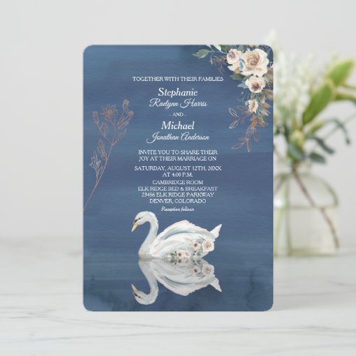 White Floral Swan on Blue Wedding Invitation | Zazzle