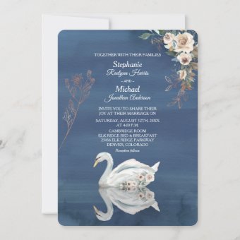 White Floral Swan on Blue Wedding Invitation | Zazzle