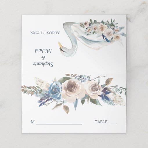 White Floral Swan on Blue Wedding Place Card | Zazzle