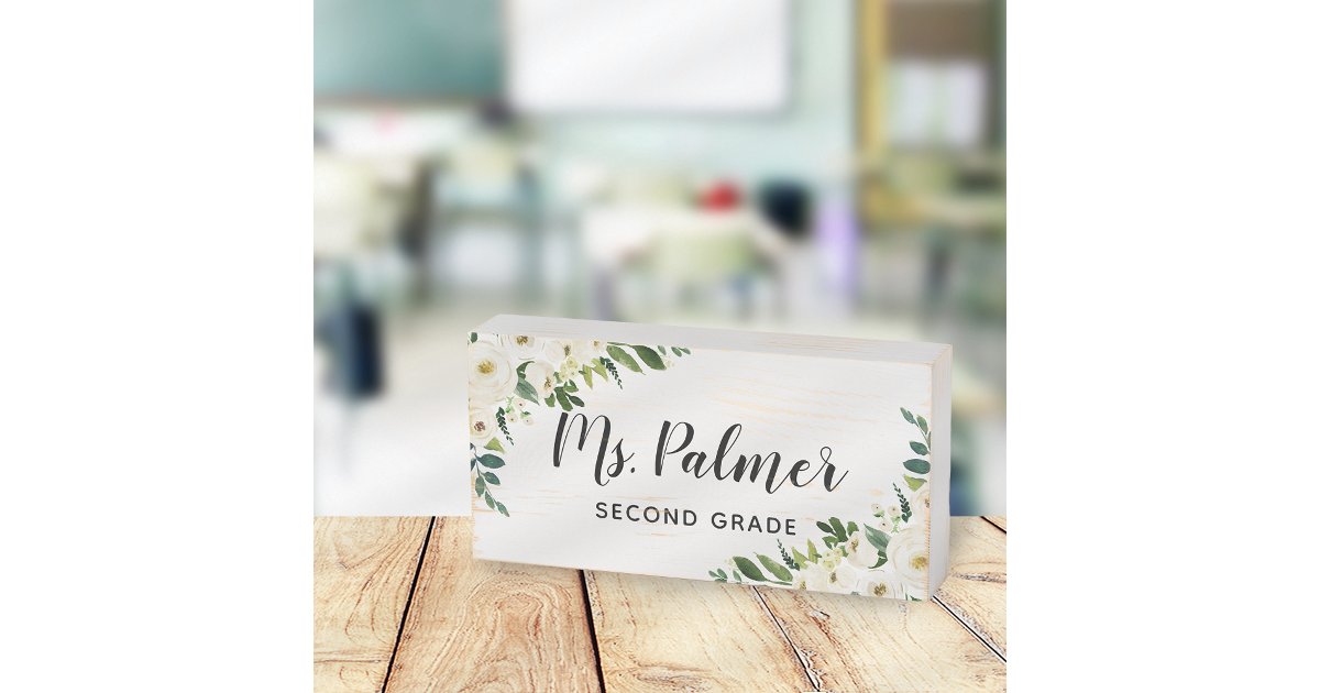 White Floral Teacher Name Classroom Wooden Box Sign | Zazzle