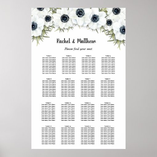 White Floral Wedding 16 Table Seating Chart | Zazzle