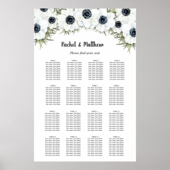 White Floral Wedding 16 Table Seating Chart | Zazzle.com