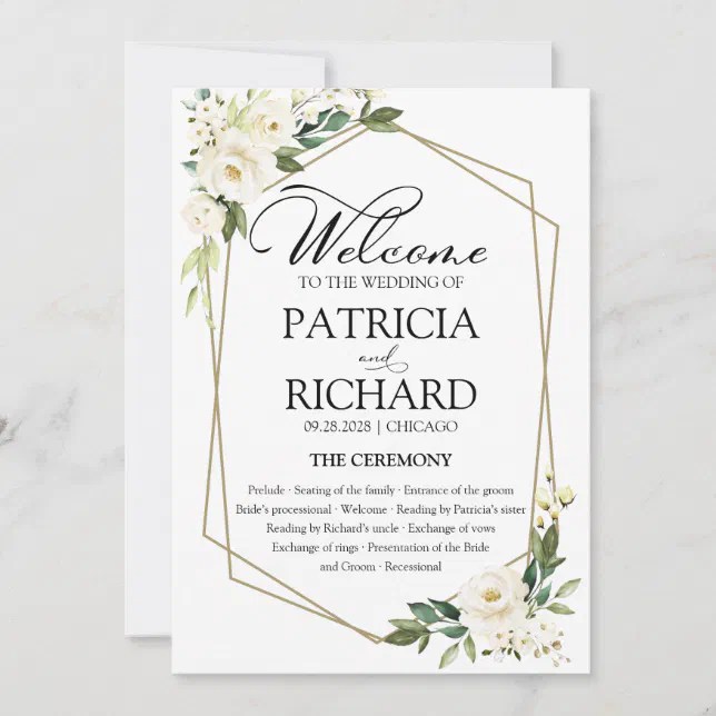 White Floral Wedding Ceremony Program Card | Zazzle