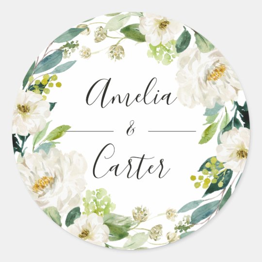White Floral Wreath Wedding Classic Round Sticker | Zazzle.com