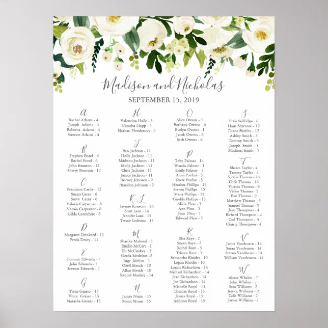 White Flower and Green Alphabetical Seating Chart | Zazzle