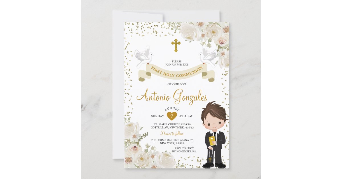 White Flower Boy First Holy Communion Gold Glitter Invitation | Zazzle