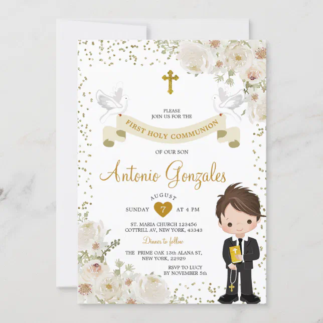White Flower Boy First Holy Communion Gold Glitter Invitation | Zazzle