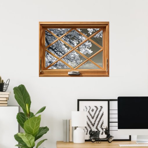 White Flower (Cherry Blossom) Faux, Fake, Window Poster | Zazzle