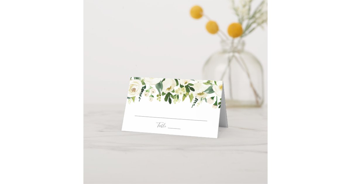 White Flower Green Wedding Folded Place Cards | Zazzle