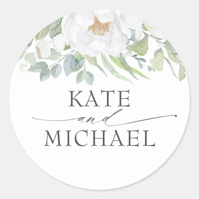White Flower Greenery Elegant Summer Wedding Classic Round Sticker | Zazzle