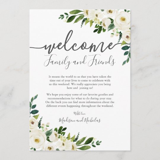 White Flower Greenery Wedding Hotel Welcome Cards | Zazzle.com