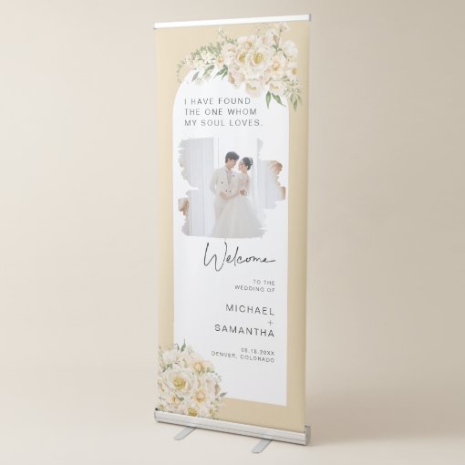 White Flower Rustic Garden Floral Wedding Retractable Banner | Zazzle