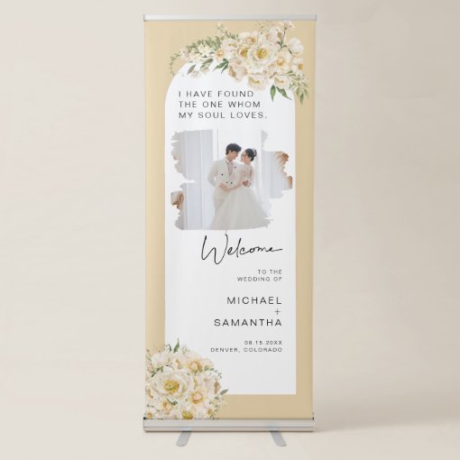 White Flower Rustic Garden Floral Wedding Retractable Banner | Zazzle