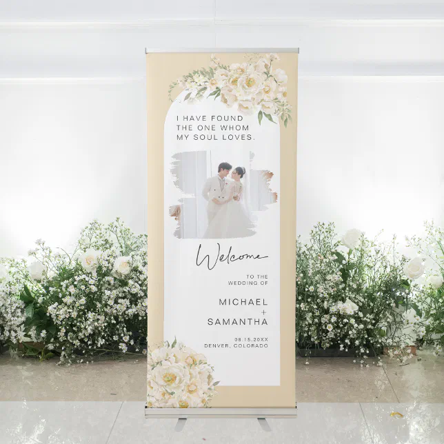 White Flower Rustic Garden Floral Wedding Retractable Banner | Zazzle