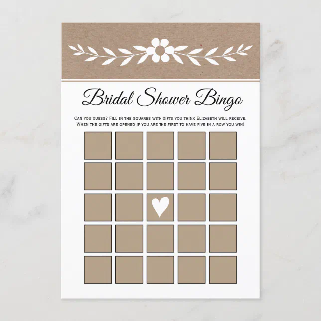 White flower, rustic kraft paper bridal bingo card | Zazzle
