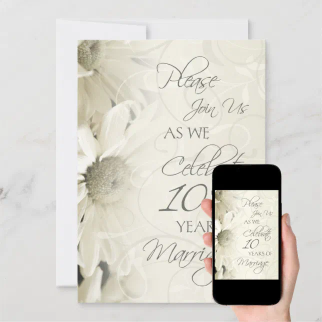 White Flowers 10th Wedding Anniversary Invitations | Zazzle
