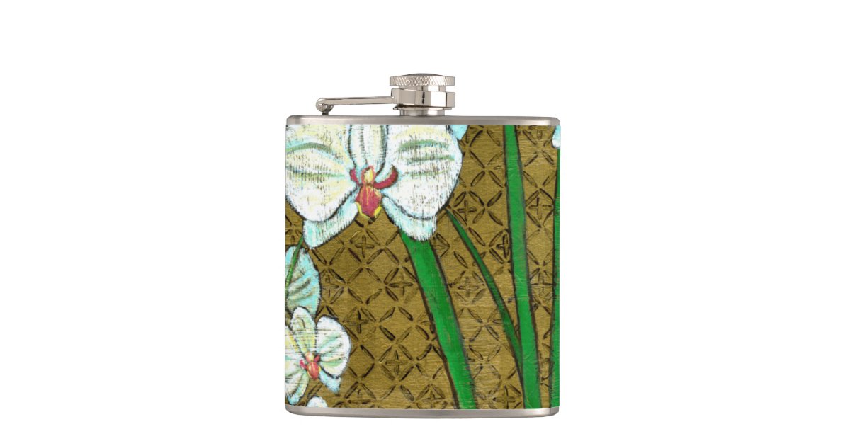 White Flowers and Green Stems on Brown Border Hip Flask | Zazzle