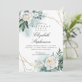 White Flowers and Greenery Elegant Birthday Party Invitation | Zazzle