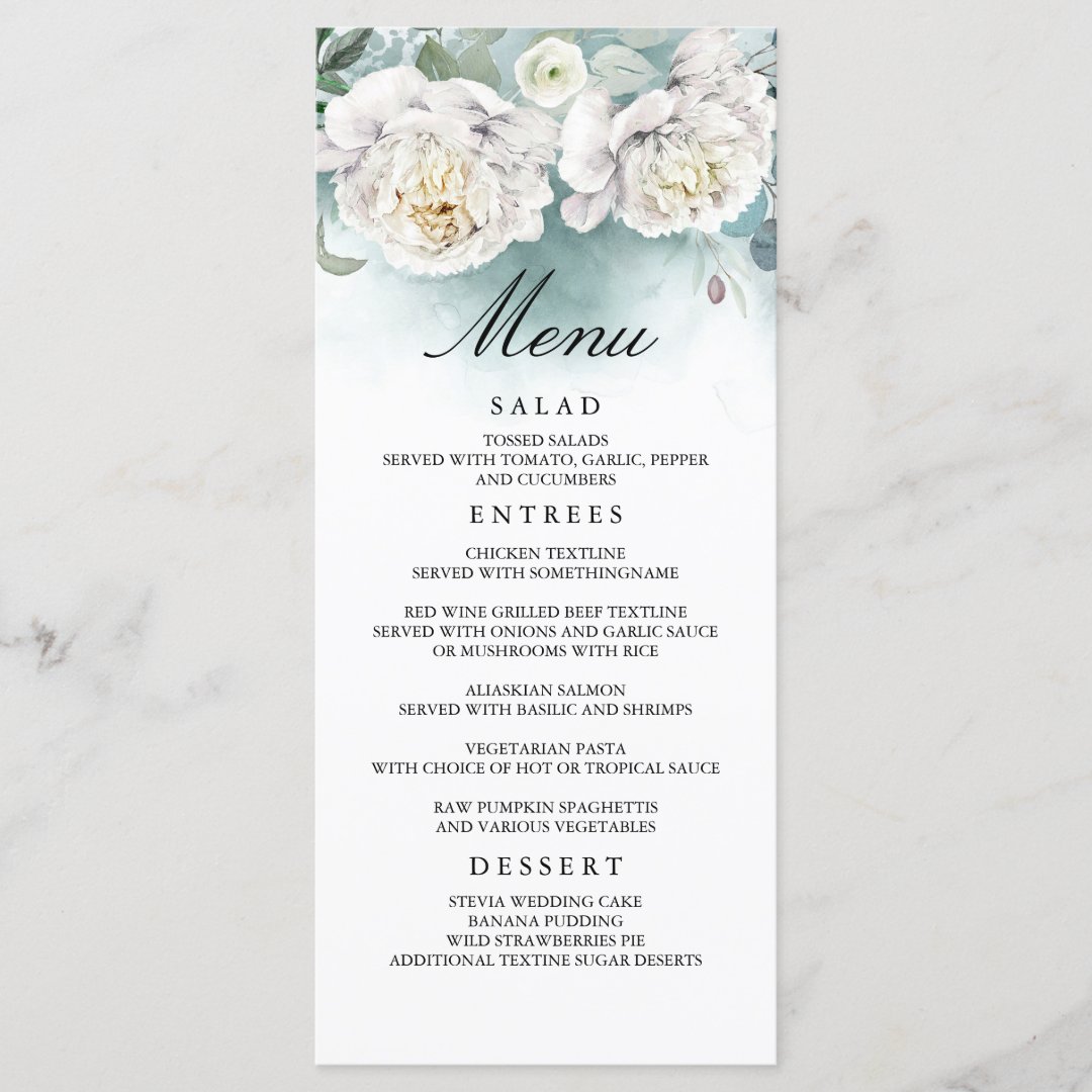 White Flowers and Greenery Wedding Menus | Zazzle